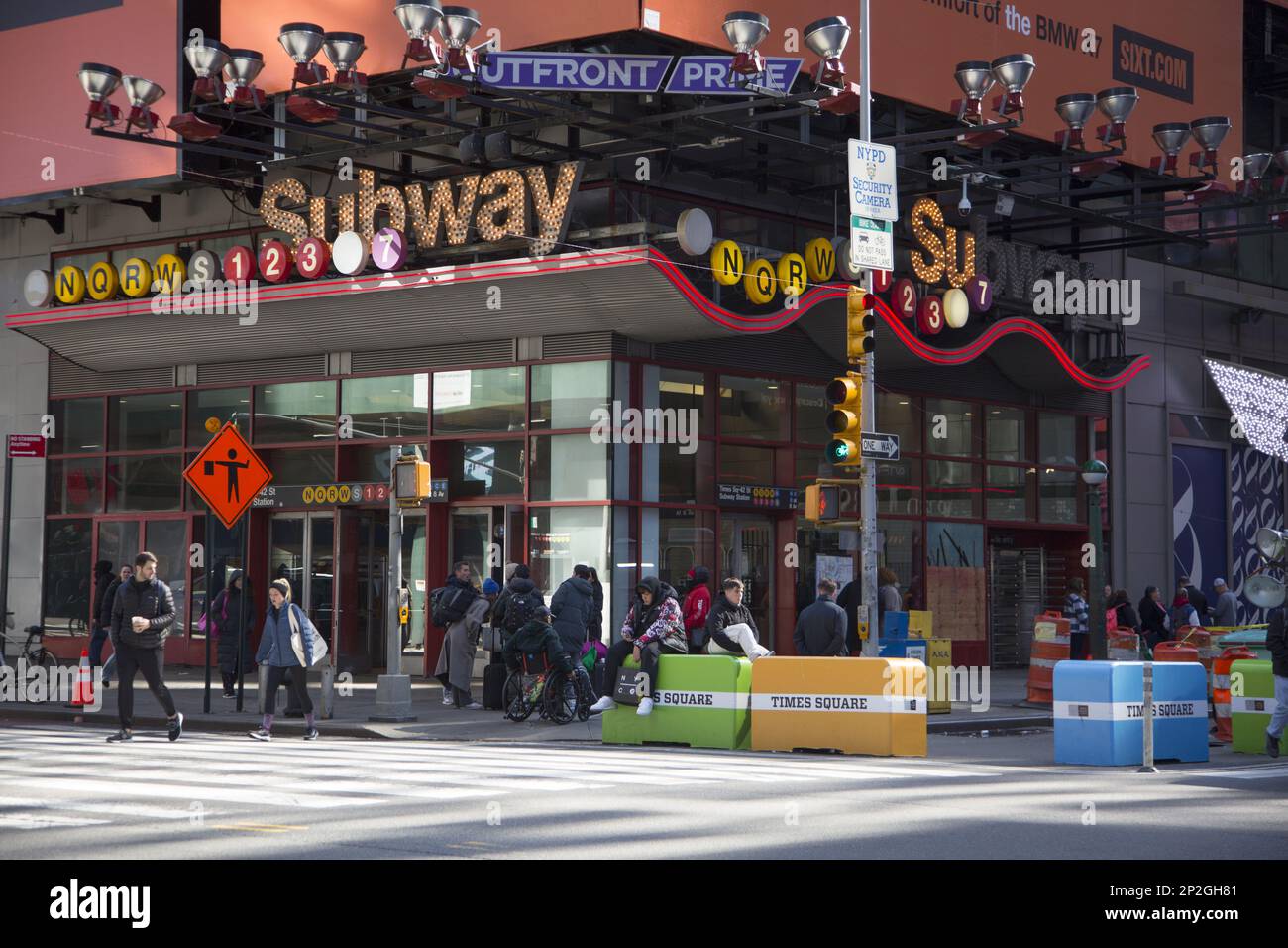 Entrance to the large Times Square Subway Train Station at the corner ...