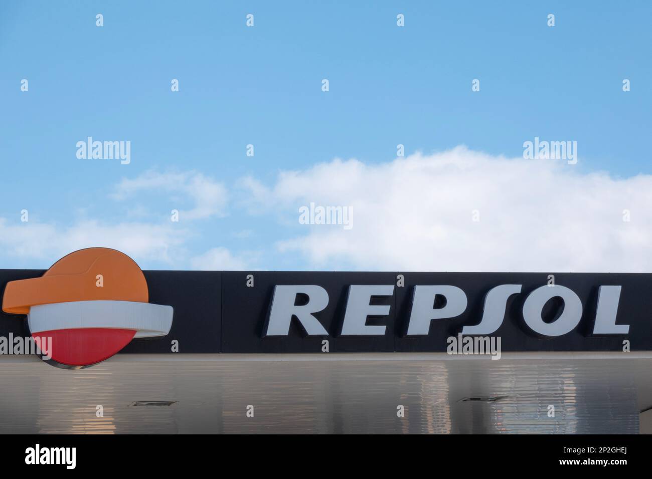 Finestrat, Spain - March 2, 2023: Repsol logo sign on gas station ...
