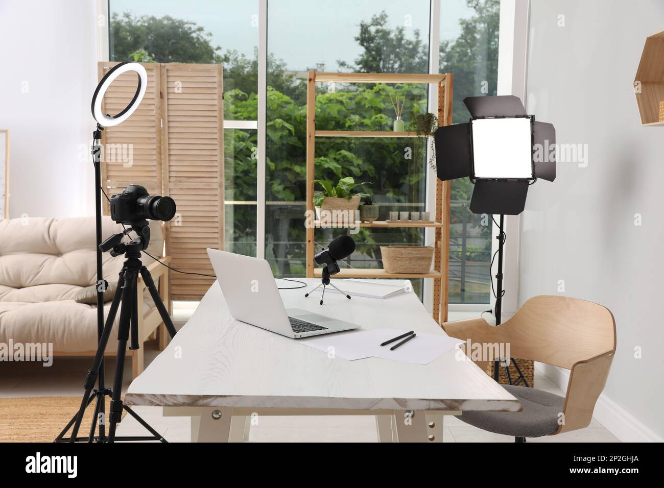 Modern blogger's workplace with professional equipment and laptop in ...