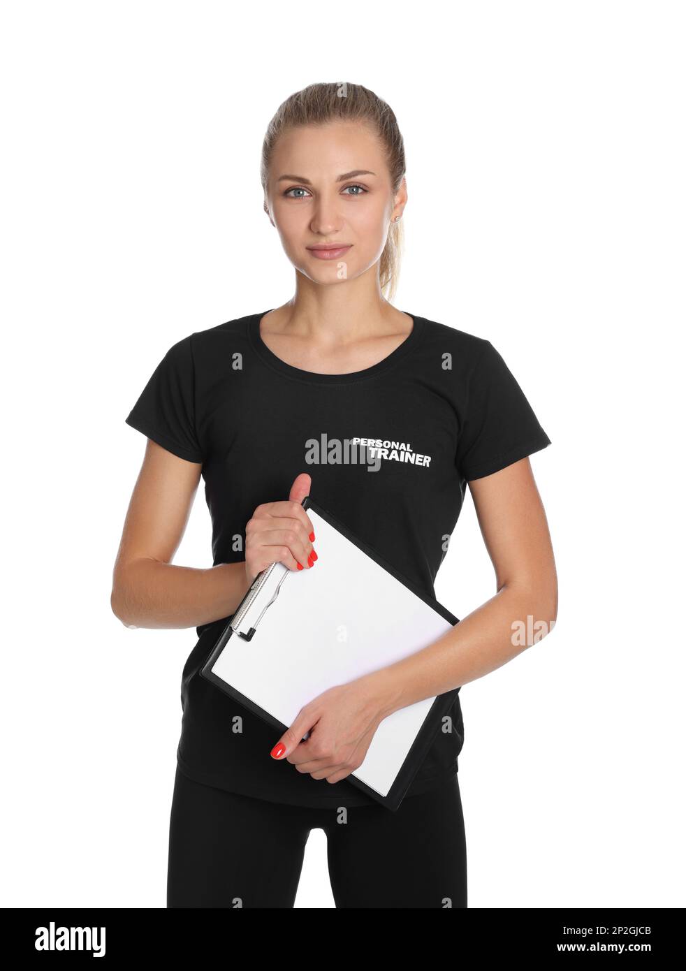 Portrait of personal trainer with clipboard on white background. Gym ...