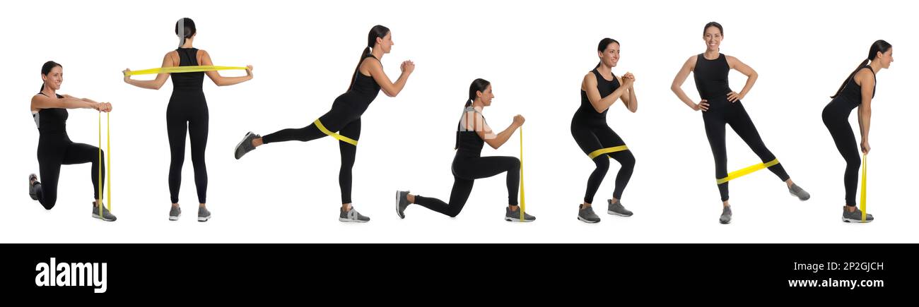 Woman doing sportive exercises with fitness elastic band on white ...