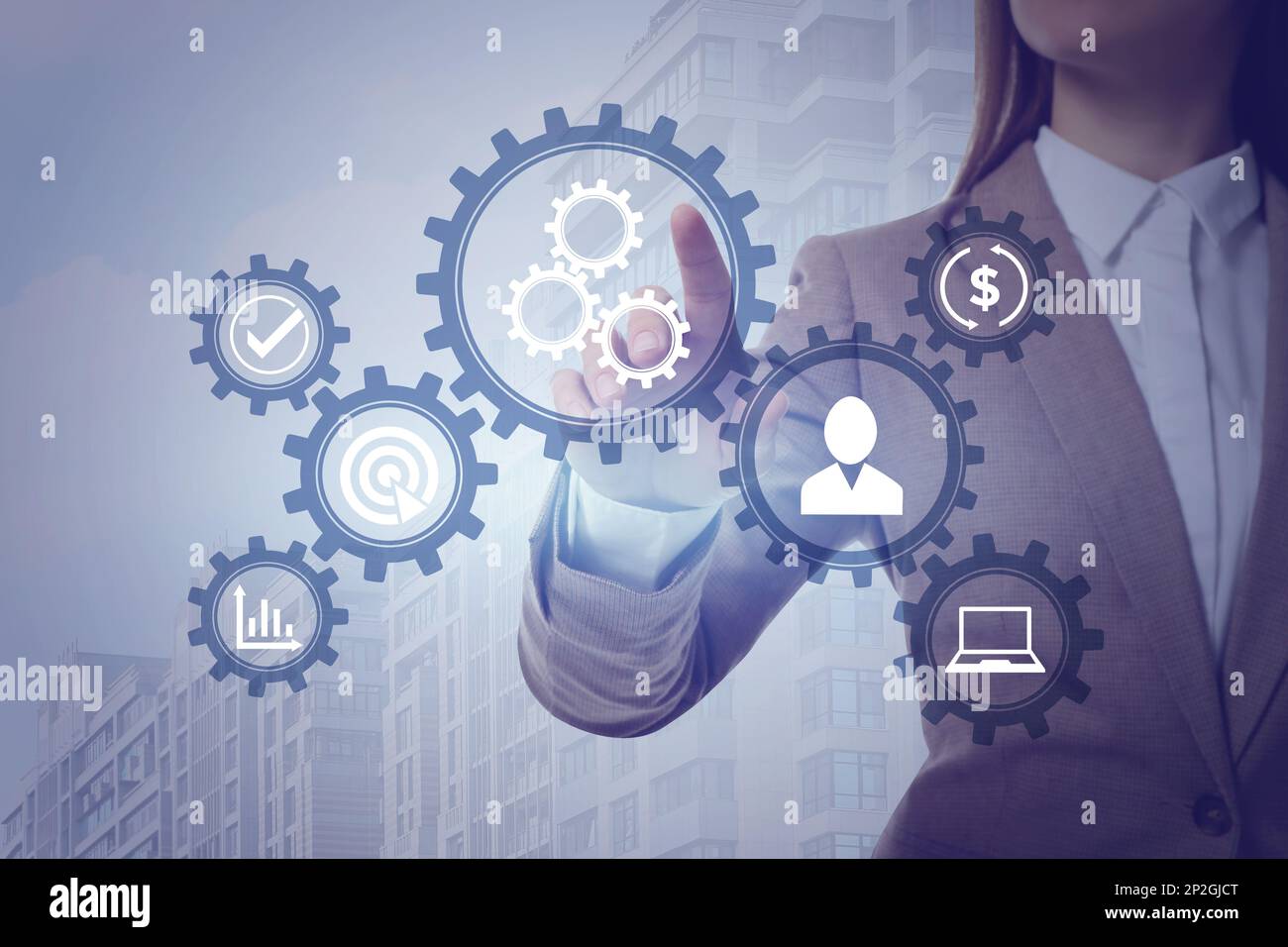Business process. Woman touching virtual screen with different icons ...