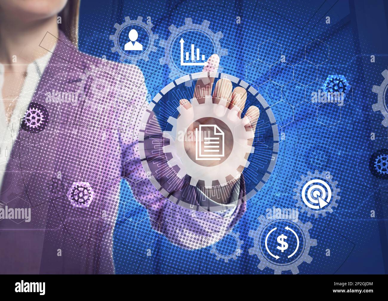 Business process. Woman touching virtual screen with different icons ...