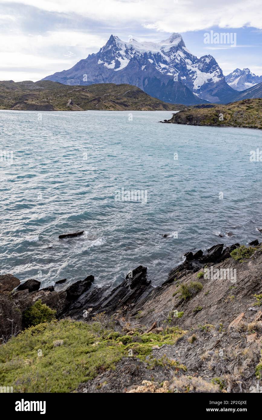 Impressive mountains and a lake with turquoise water at Torres del ...