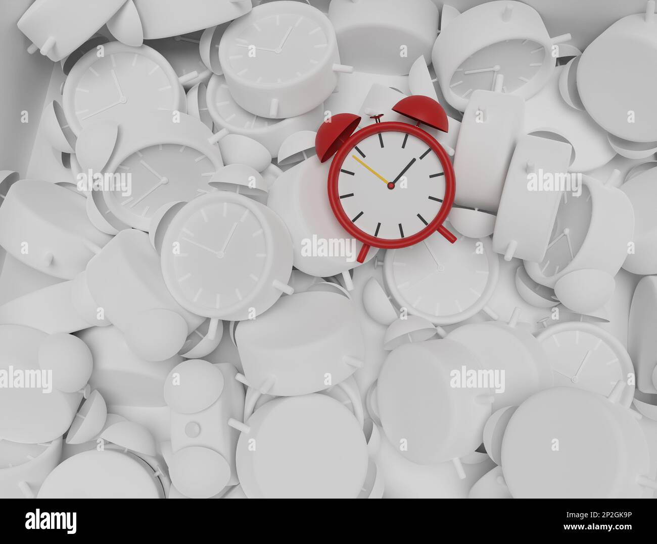 Special red alarm clock in box with many white colorless alarm clocks ...