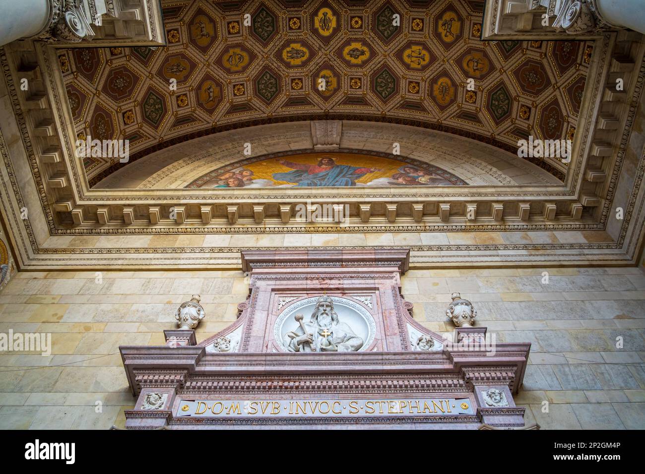 Golden ceiling view of entrance gate at St. Stephen Basilica in ...