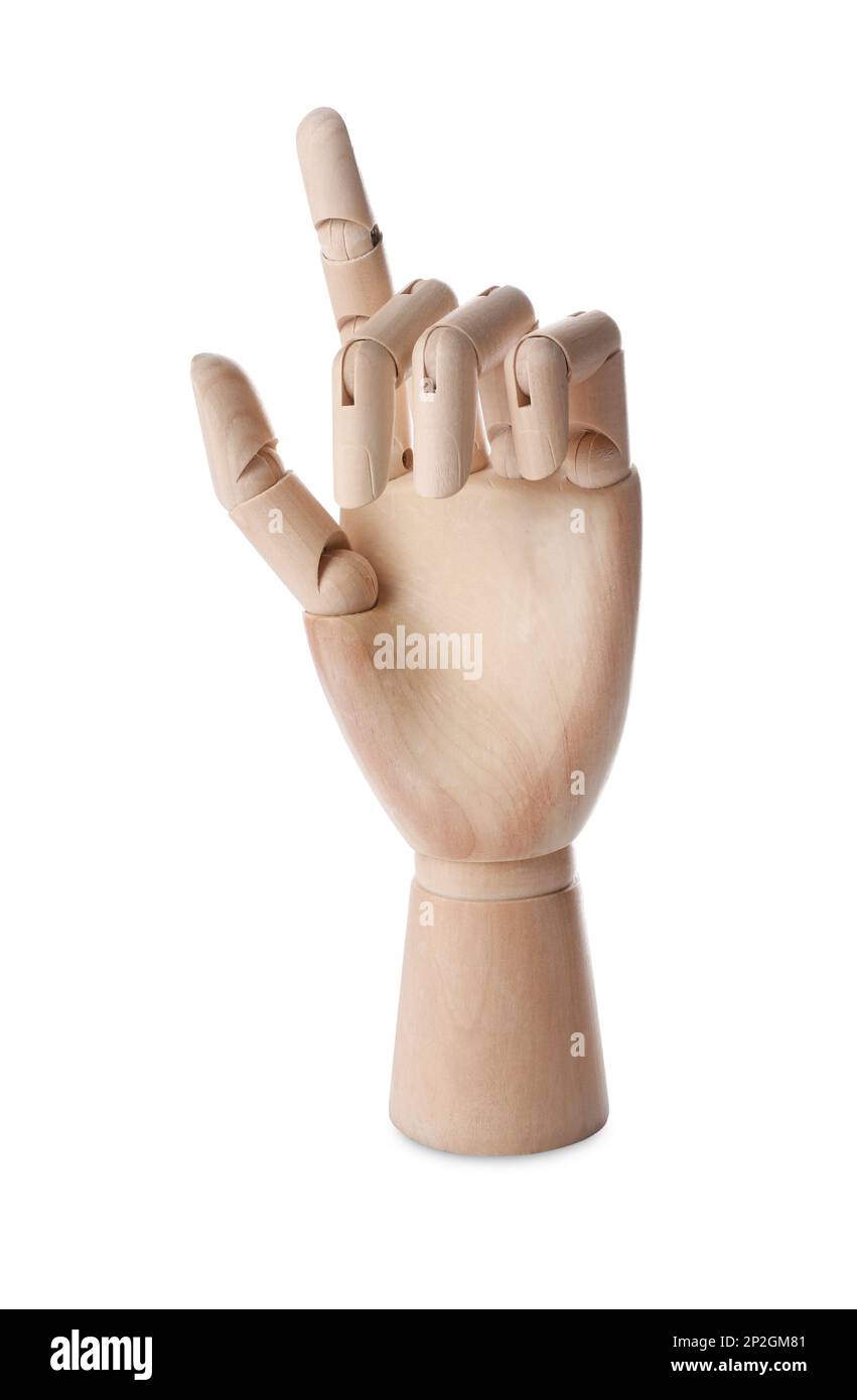 Wooden hand model on white background. Mannequin part Stock Photo - Alamy