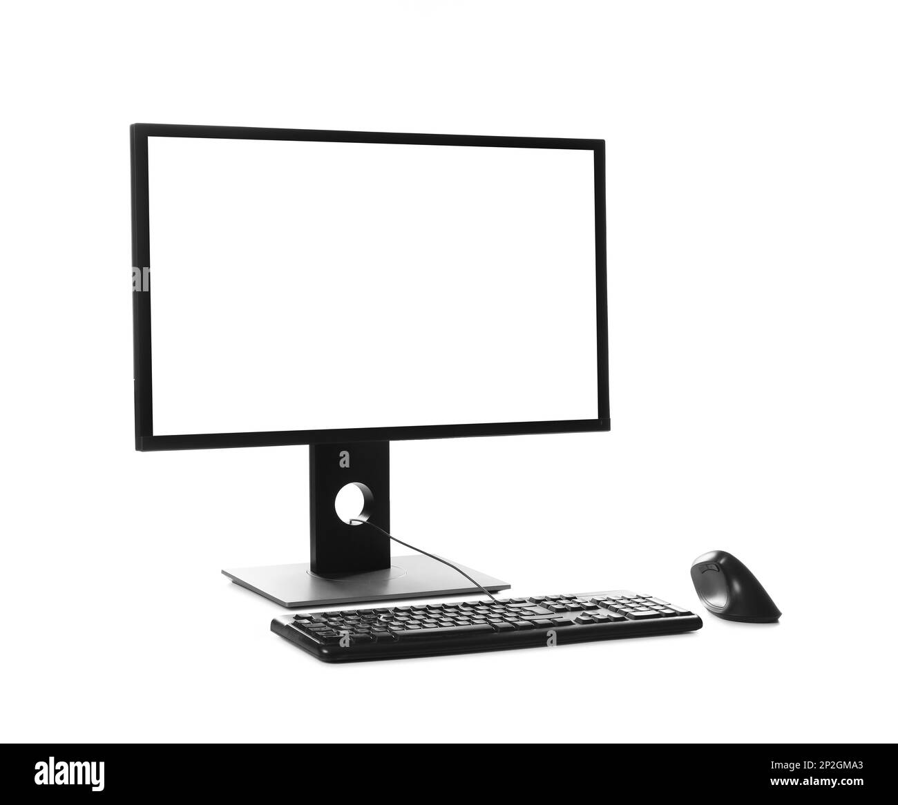 Modern computer with blank monitor screen and peripherals on white ...