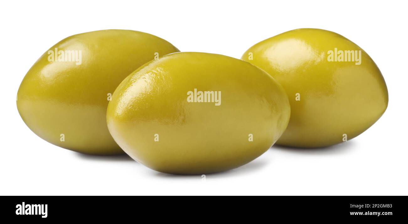 Three fresh green olives on white background Stock Photo - Alamy