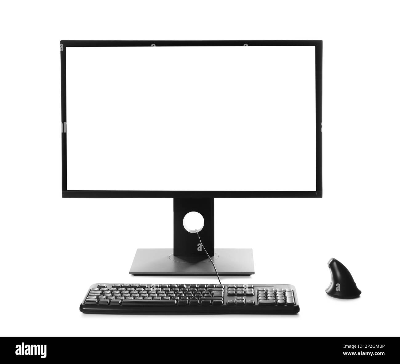 Modern computer with blank monitor screen and peripherals on white ...