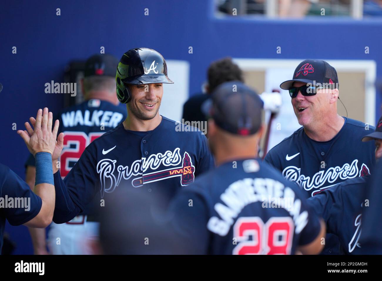 Atlanta Braves first baseman Matt Olson is greeted in the dugout after ...