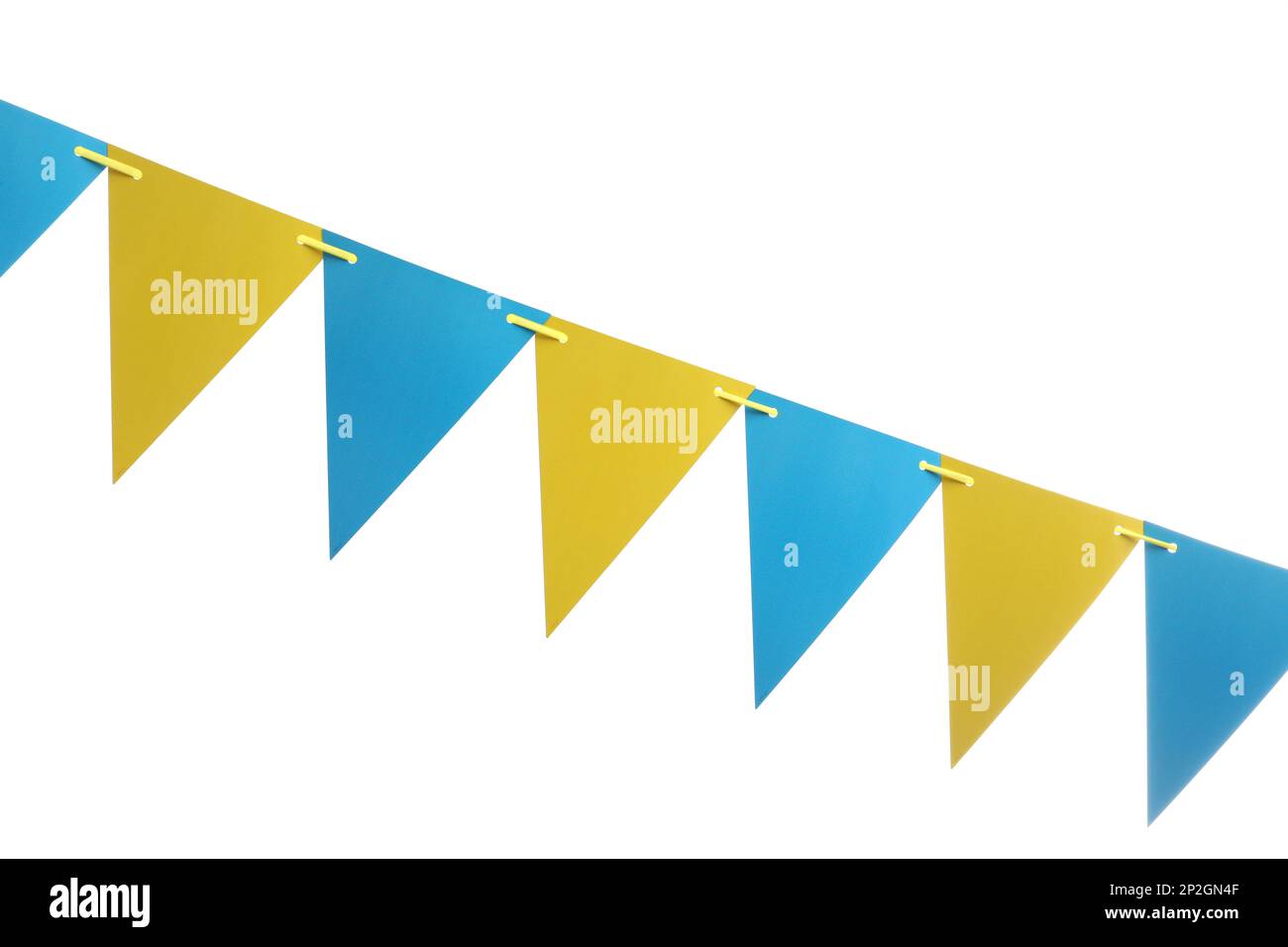 Triangular bunting flags on white background. Festive decor Stock Photo ...