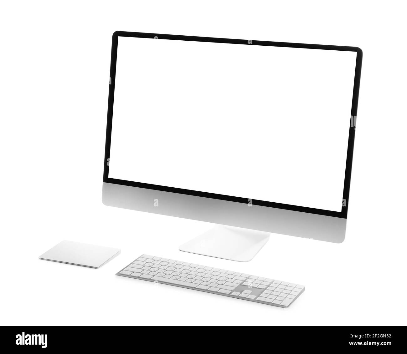 Modern computer with blank monitor screen and peripherals on white ...
