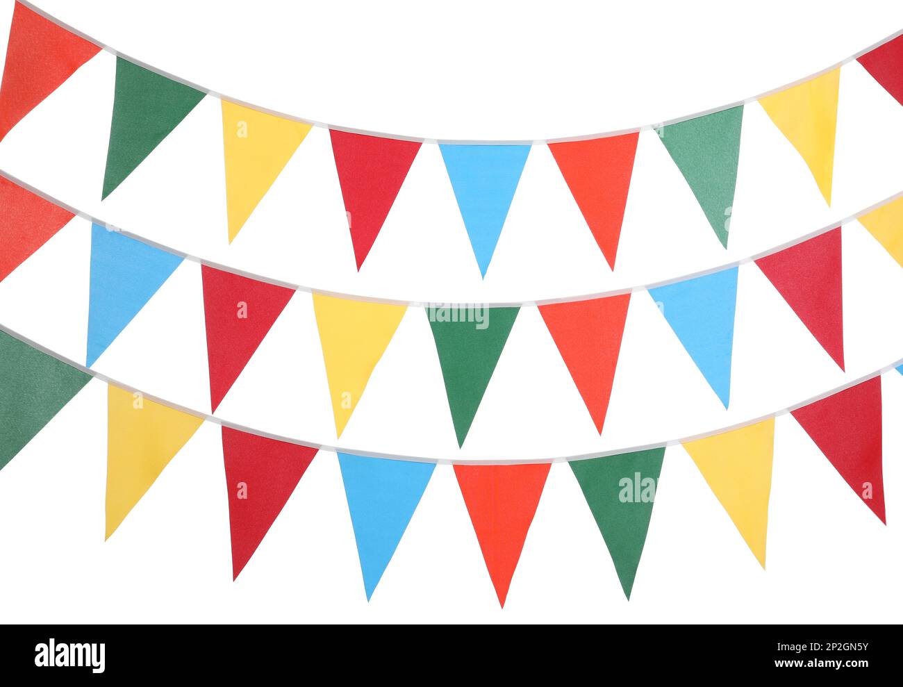 Buntings with colorful triangular flags on white background. Festive ...
