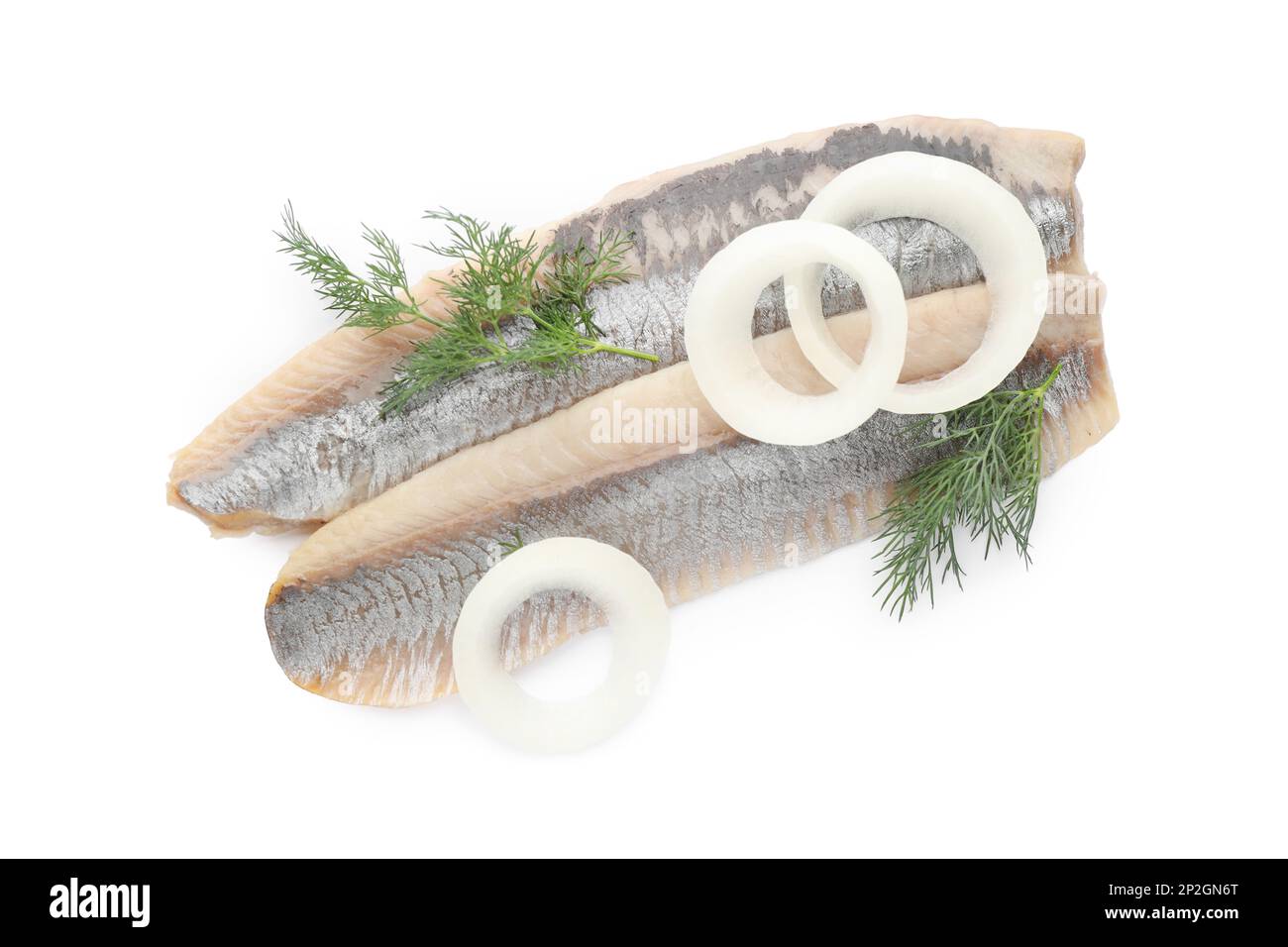 Delicious salted herring fillets with onion rings and dill on white ...