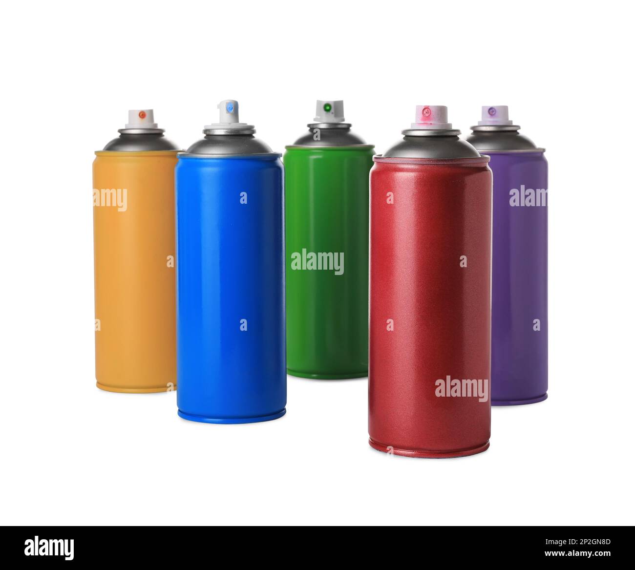 Cans of different spray paints on white background. Graffiti supplies ...
