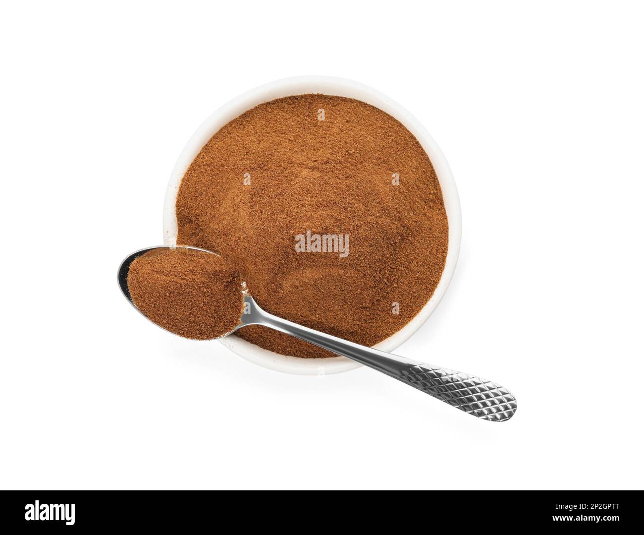 Plate and spoon of chicory powder on white background, top view Stock ...