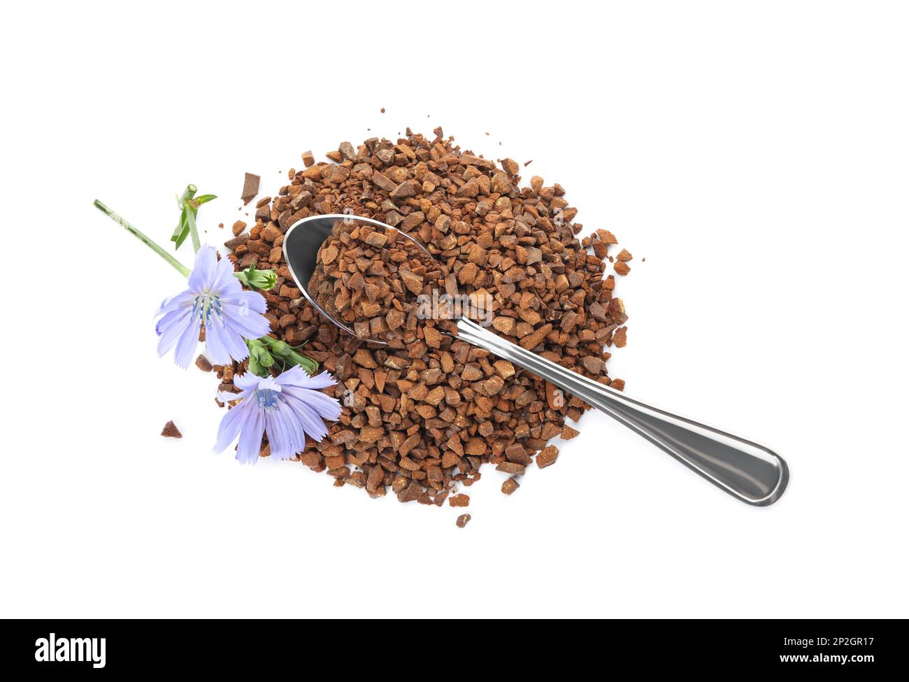 Pile of chicory granules and flowers on white background, top view ...