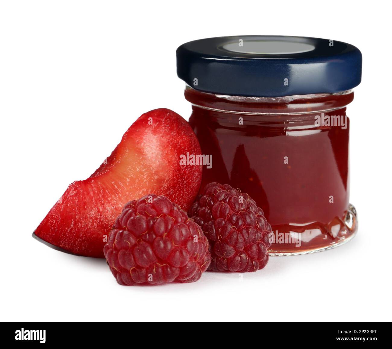 Jar of sweet jam and fresh ingredients on white background Stock Photo ...