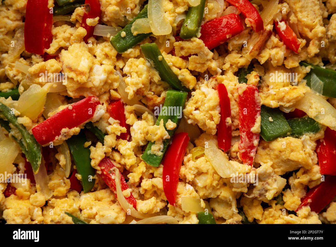 Homemade Scrambled Peppers and Eggs, top view. Flat lay, overhead, from ...