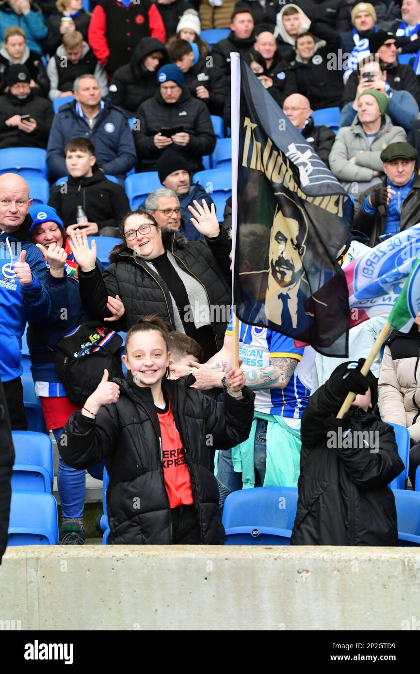 Brighton, UK. 04th Mar, 2023. A young Brighton fan with a flag showing ...