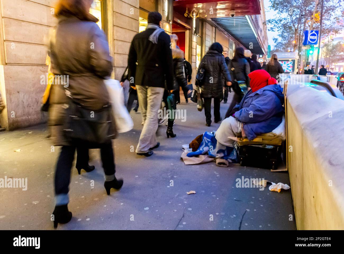 Paris, France, Crowd Walking on Street, Blvd. Haussmann, with Poor ...