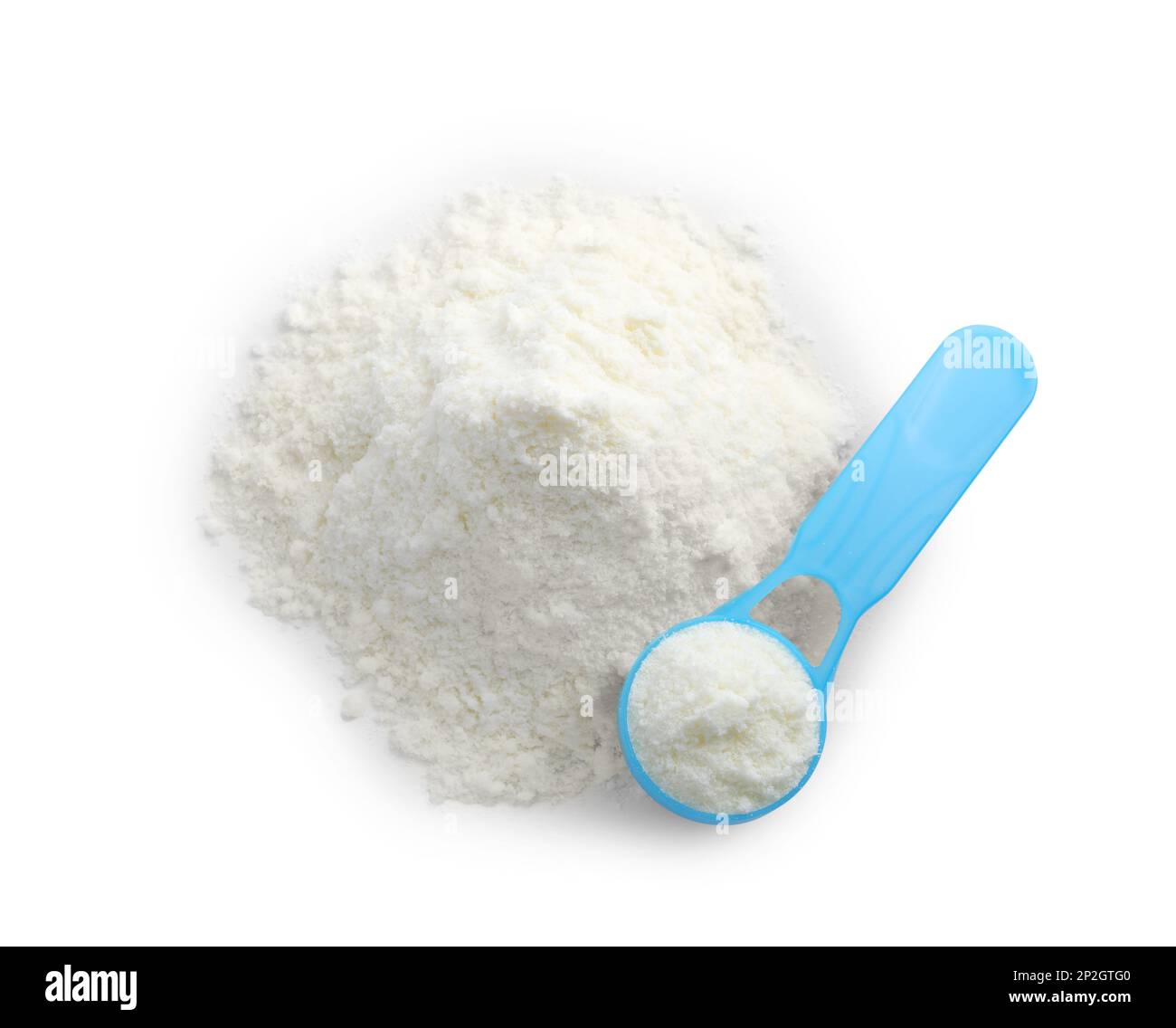 Powdered infant formula and scoop on white background, top view. Baby ...