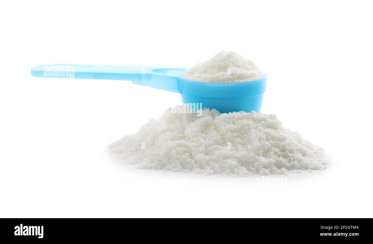 Powdered infant formula and scoop on white background. Baby milk Stock ...