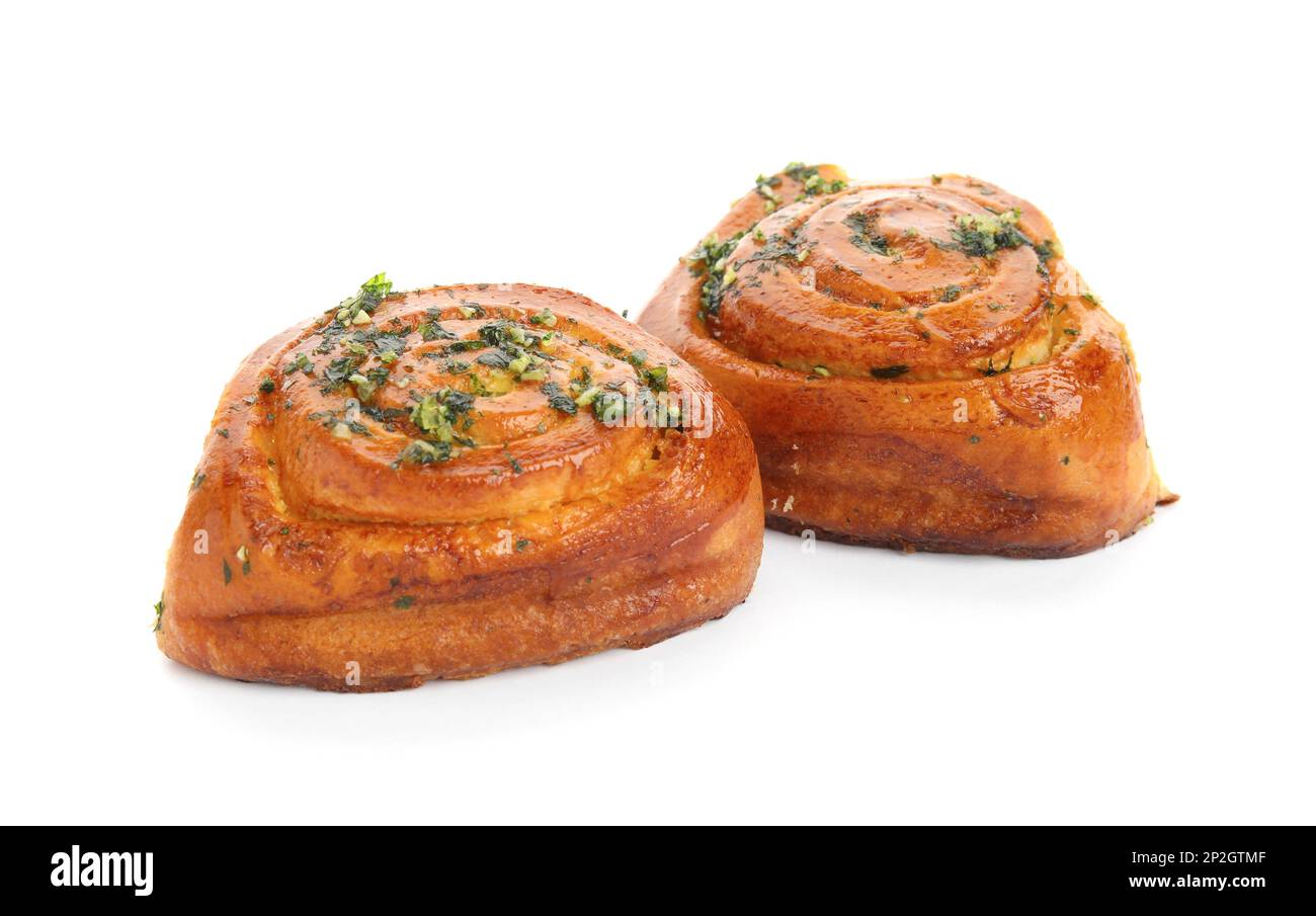 Traditional Ukrainian bread (Pampushky) with garlic on white background ...