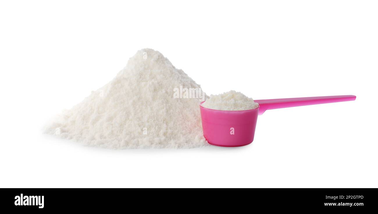 Powdered infant formula and scoop on white background. Baby milk Stock ...
