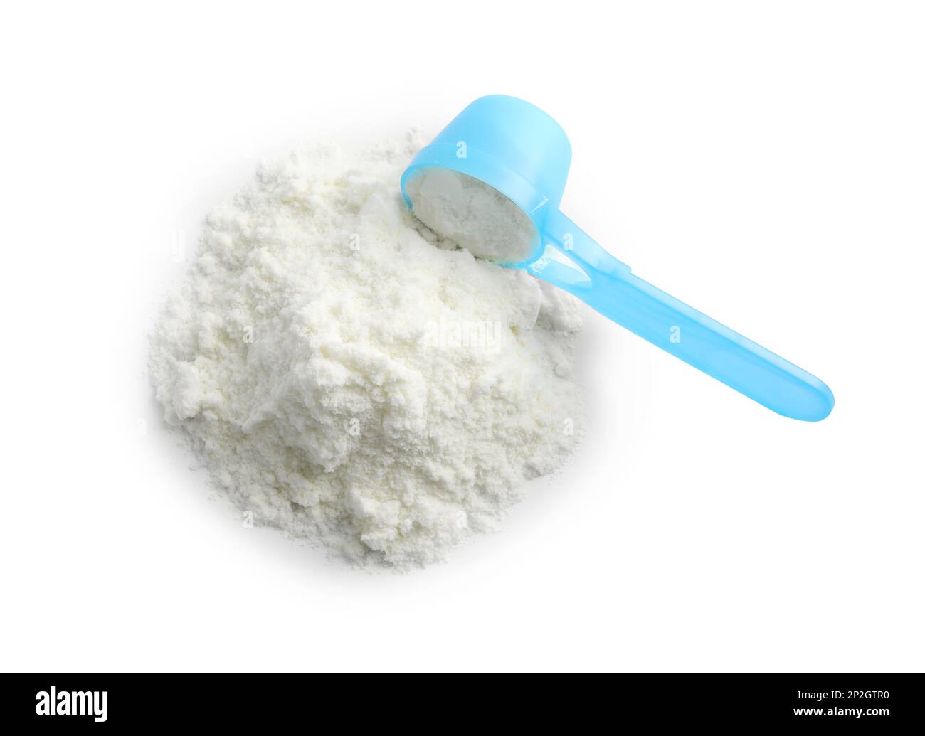 Powdered infant formula and scoop on white background, top view. Baby ...