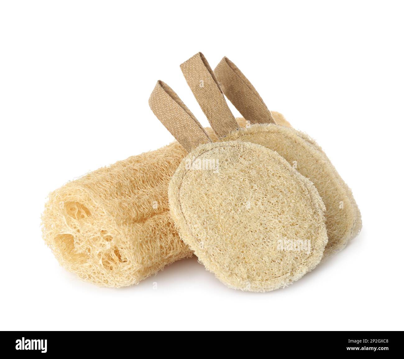 Different natural loofah sponges isolated on white Stock Photo - Alamy
