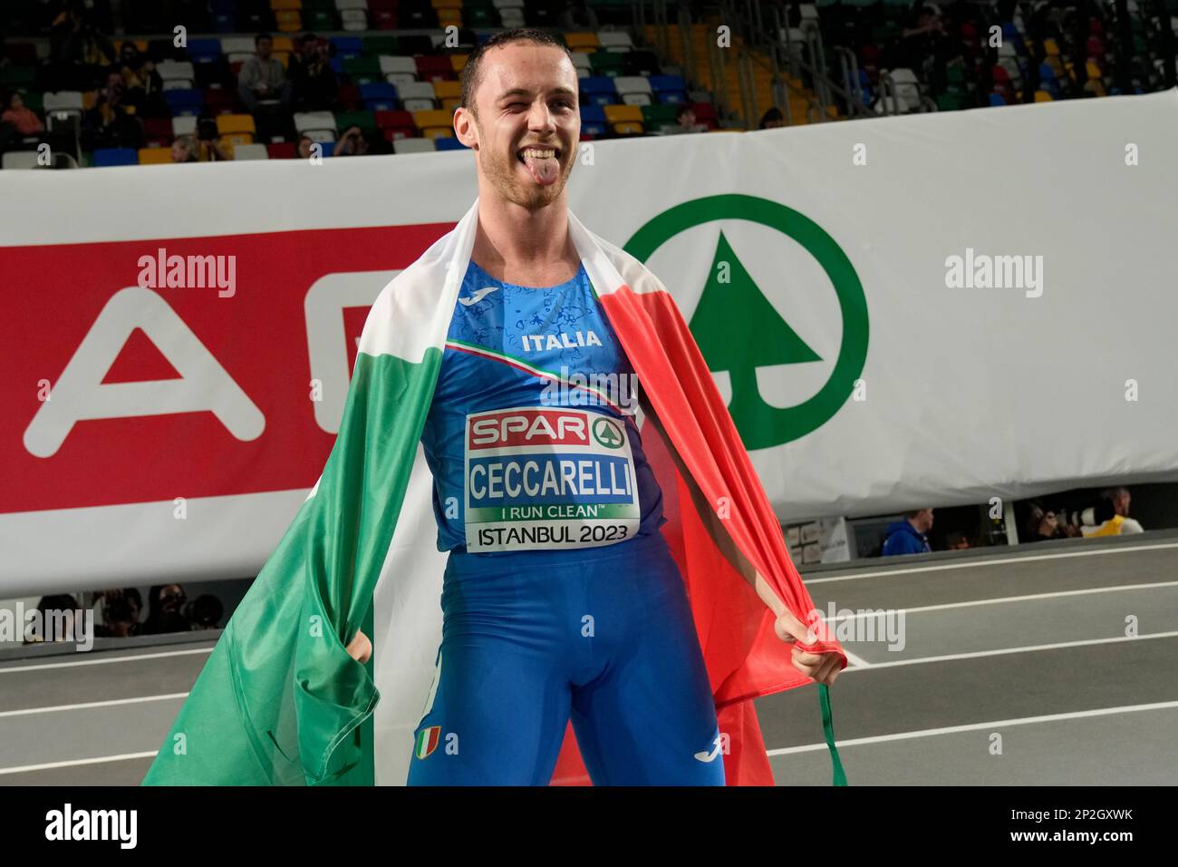 Samuele Ceccarelli, of Italy, celebrates after winning the gold medal ...