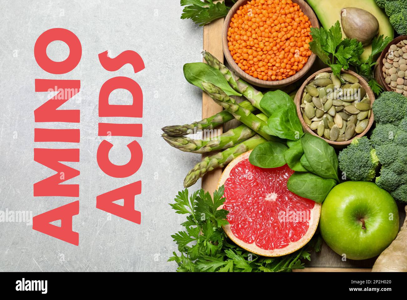 Fresh vegetables, fruits and seeds on light grey table, flat lay ...