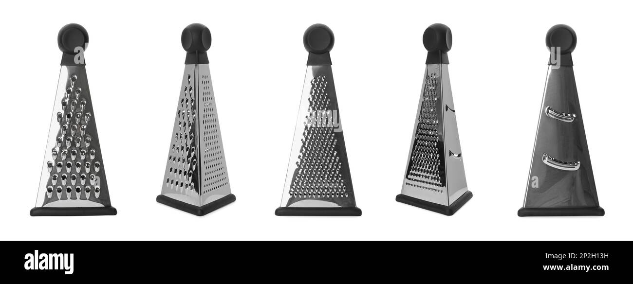 Stainless steel graters on white background, collage. Banner design ...