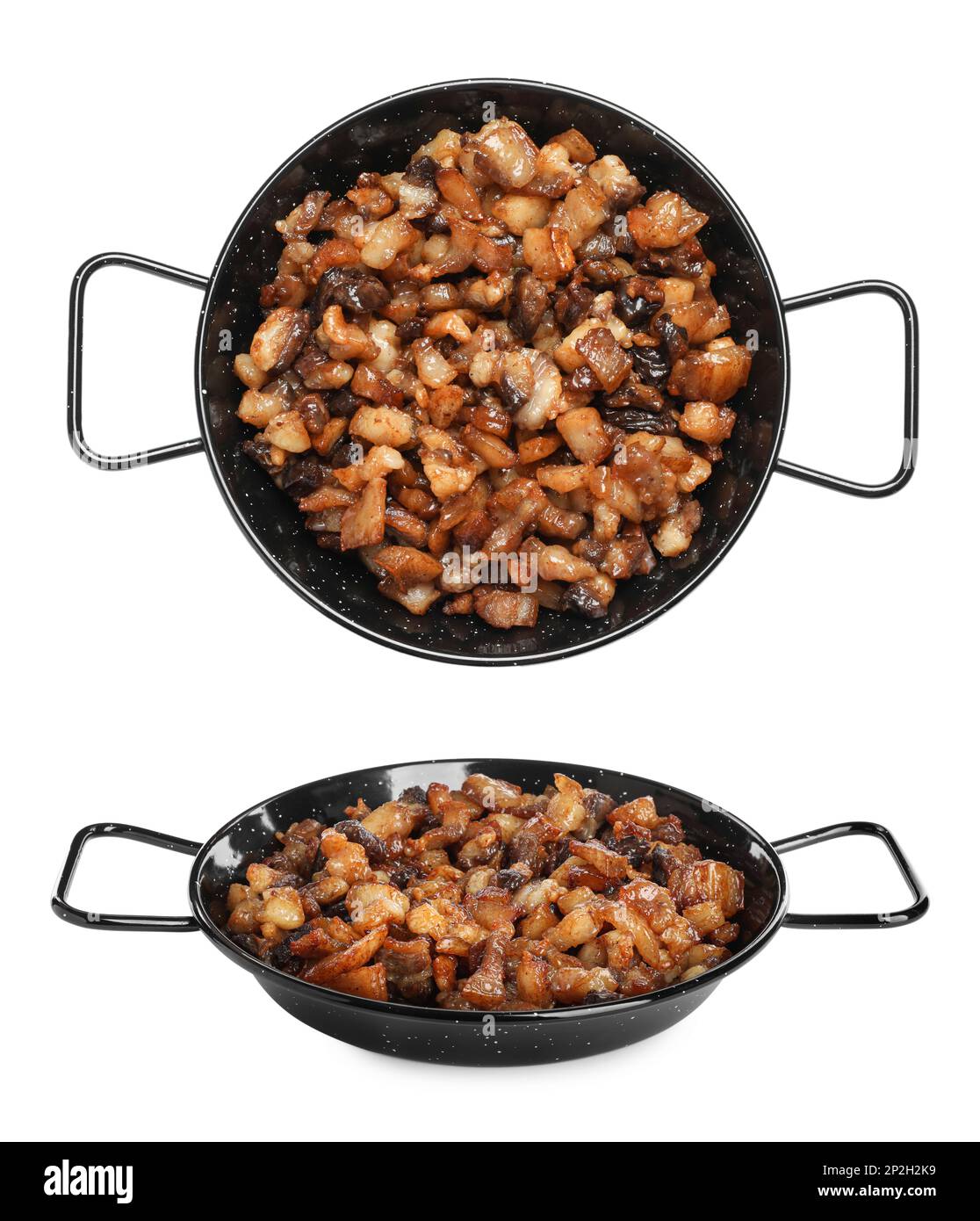 Tasty cracklings in frying pans on white background, collage. Cooked ...