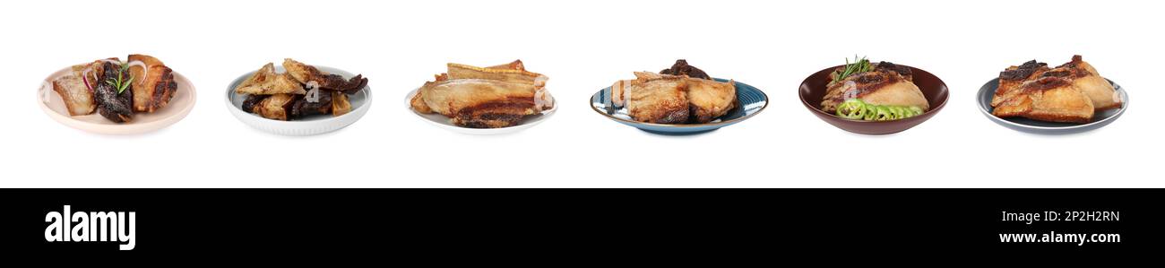 Set with tasty fried pork lard on white background. Banner design Stock ...