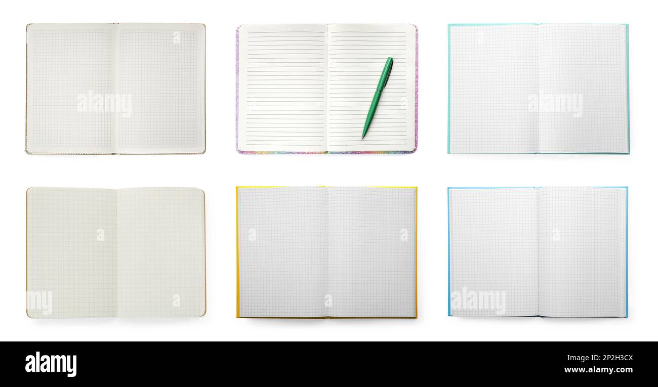 Set of open planners with blank pages on white background, top view ...