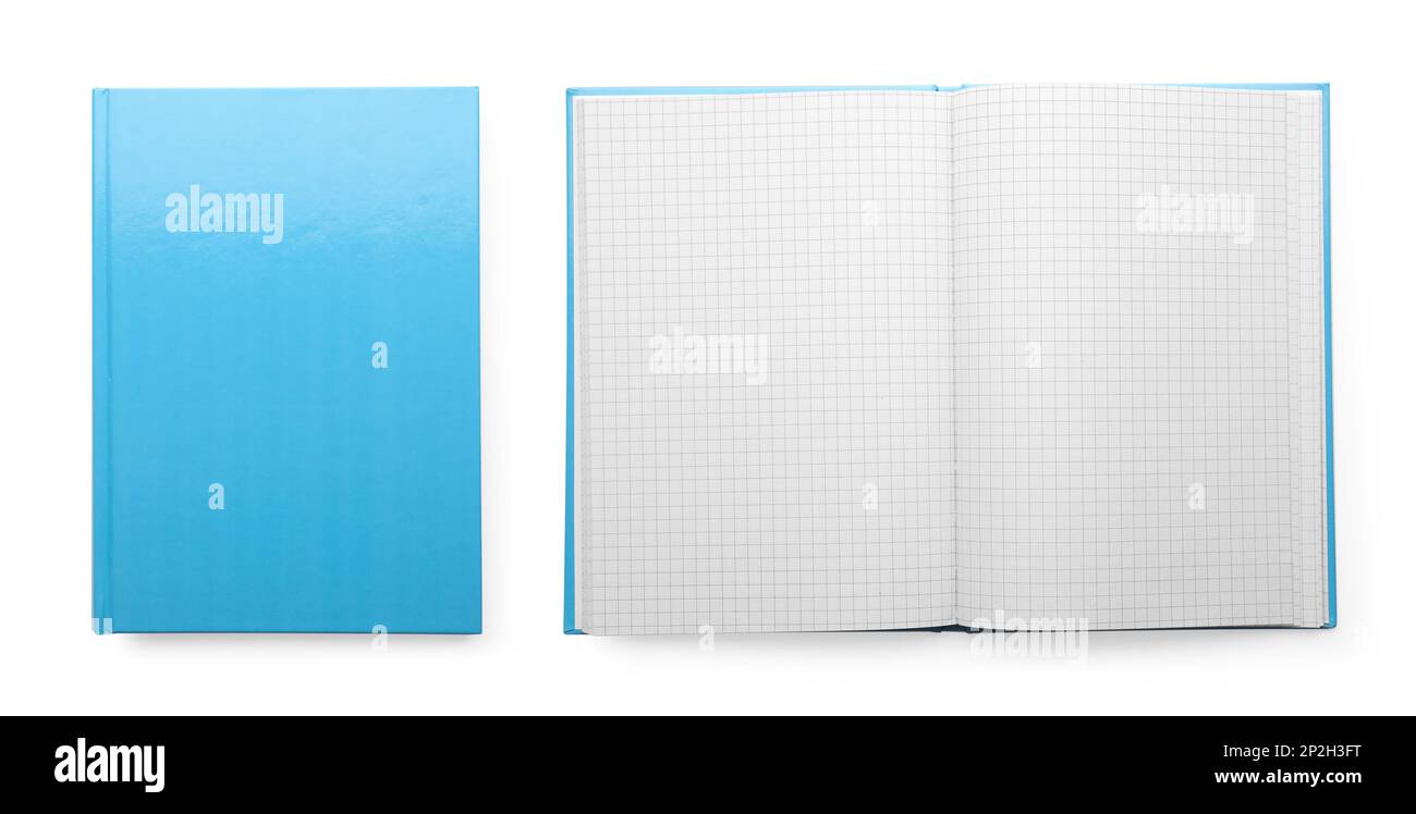 Closed and open planners on white background, top view. Collage Stock ...
