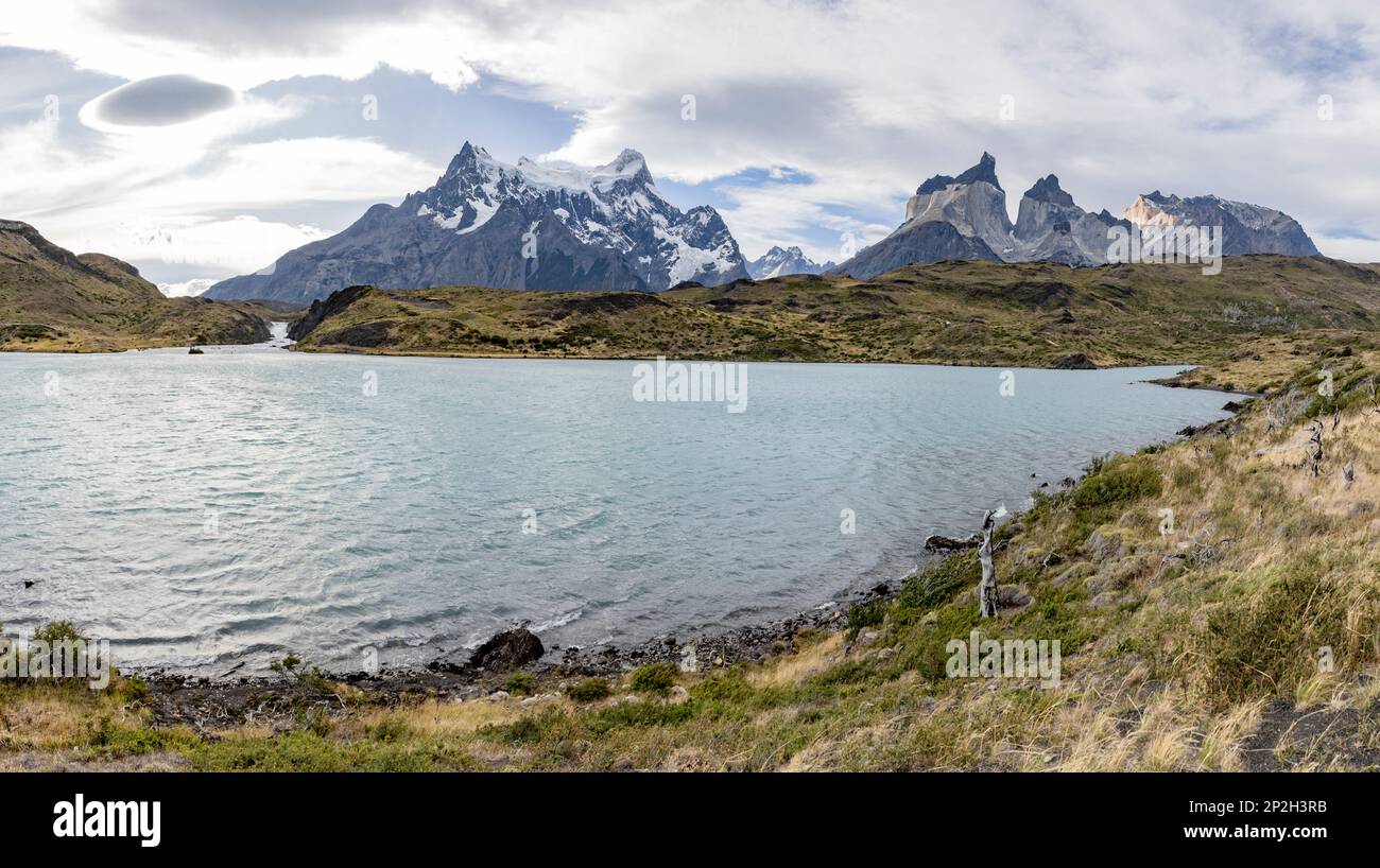 Impressive mountains and a lake with turquoise water at Torres del ...