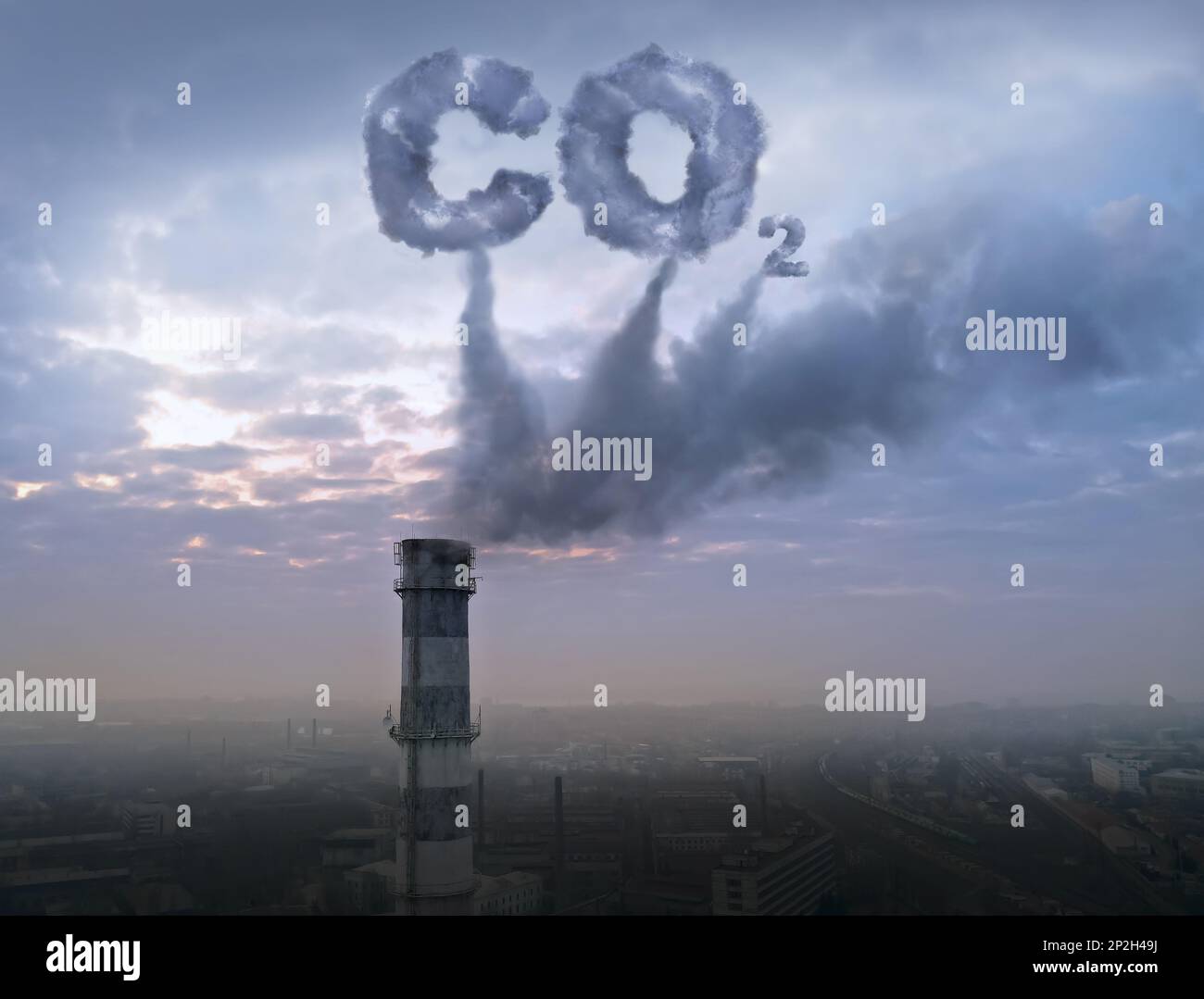 Inscription CO2 made of smoke. Industrial factory polluting air, aerial ...