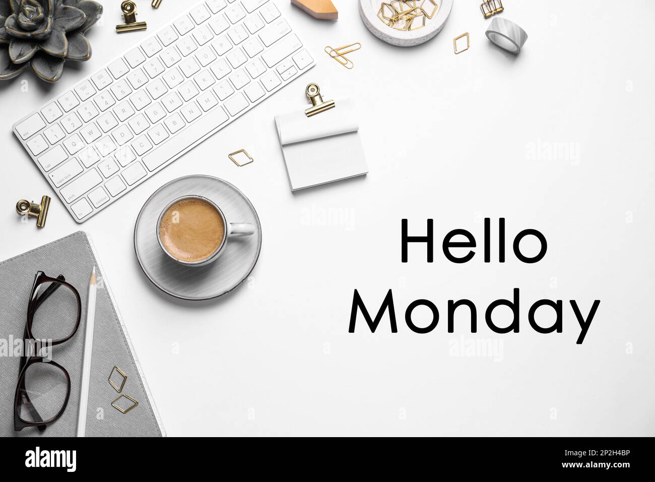 Hello Monday, start your week with good mood. Flat lay composition with ...