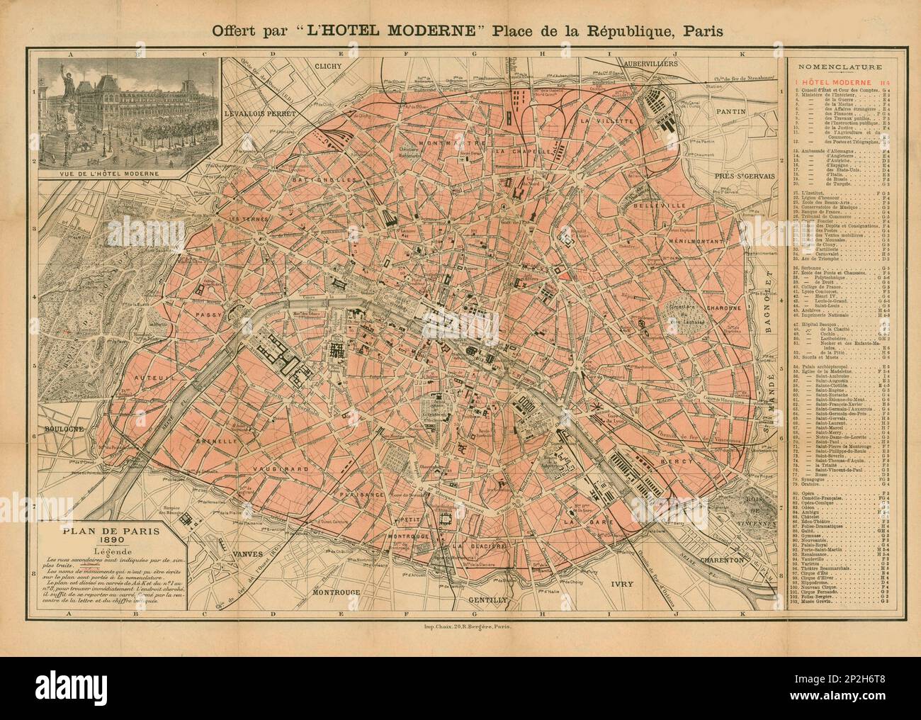 Plan de Paris, 1890. Offert par l'Hôtel Moderne, Place de la République ...
