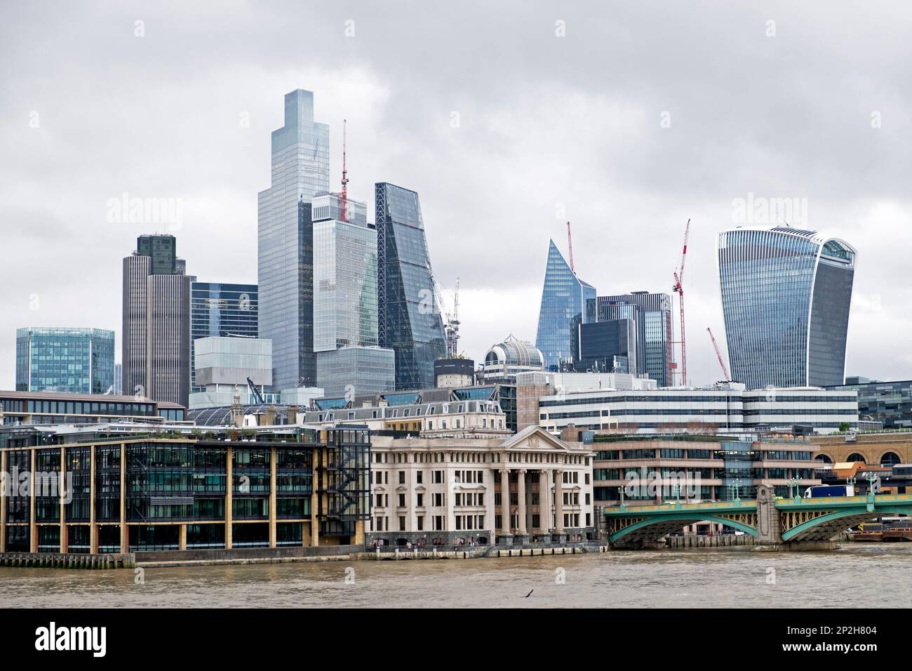 View of City of London financial centre buildings on a dull cloudy day ...