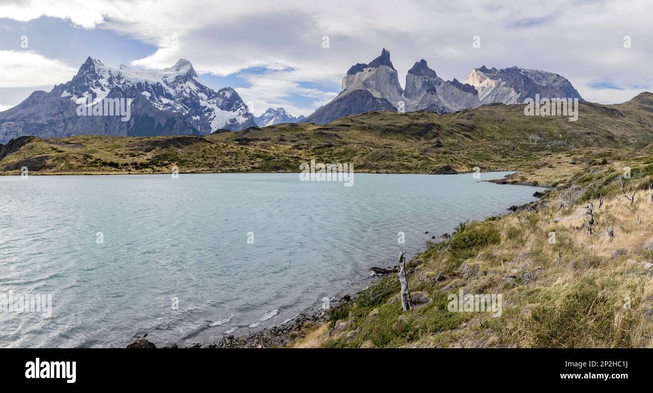 Impressive mountains and a lake with turquoise water at Torres del ...