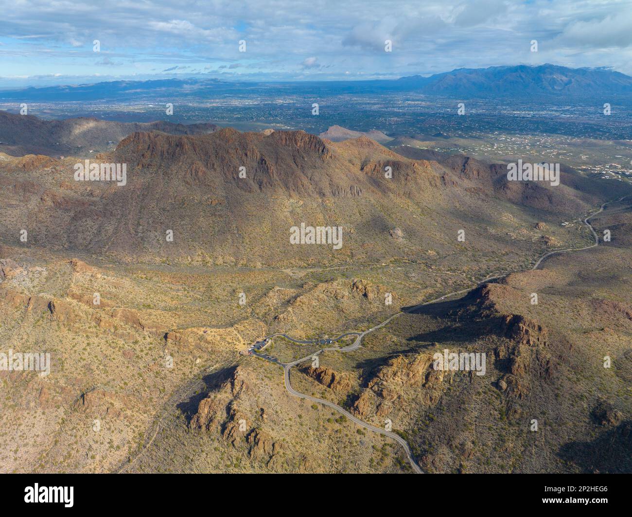 Bushmaster Peak and Gates Pass Road aerial view in Tucson Mountains ...