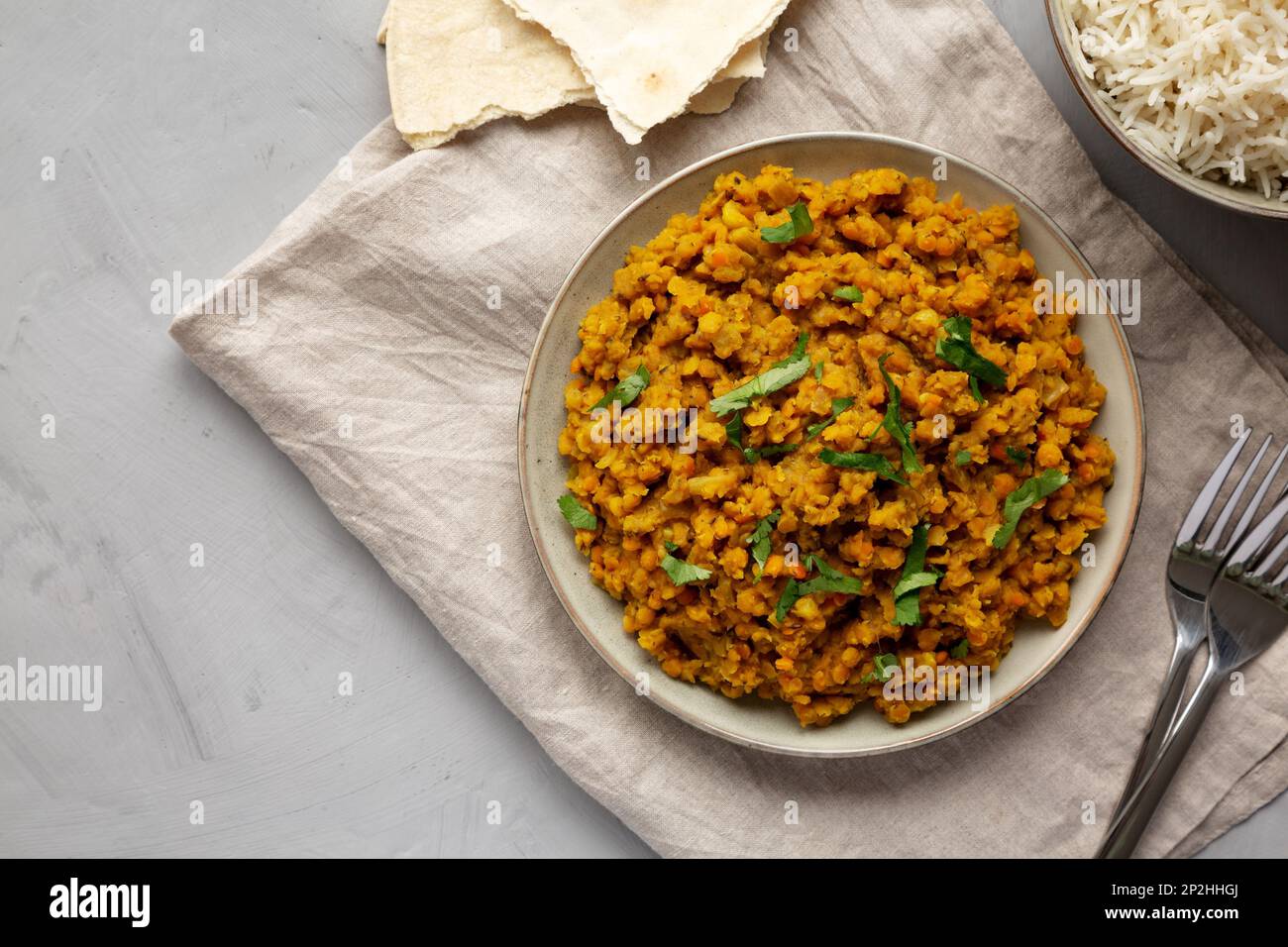 Homemade Red Lentil Dahl with Rice and Cilantro on a gray surface, top ...