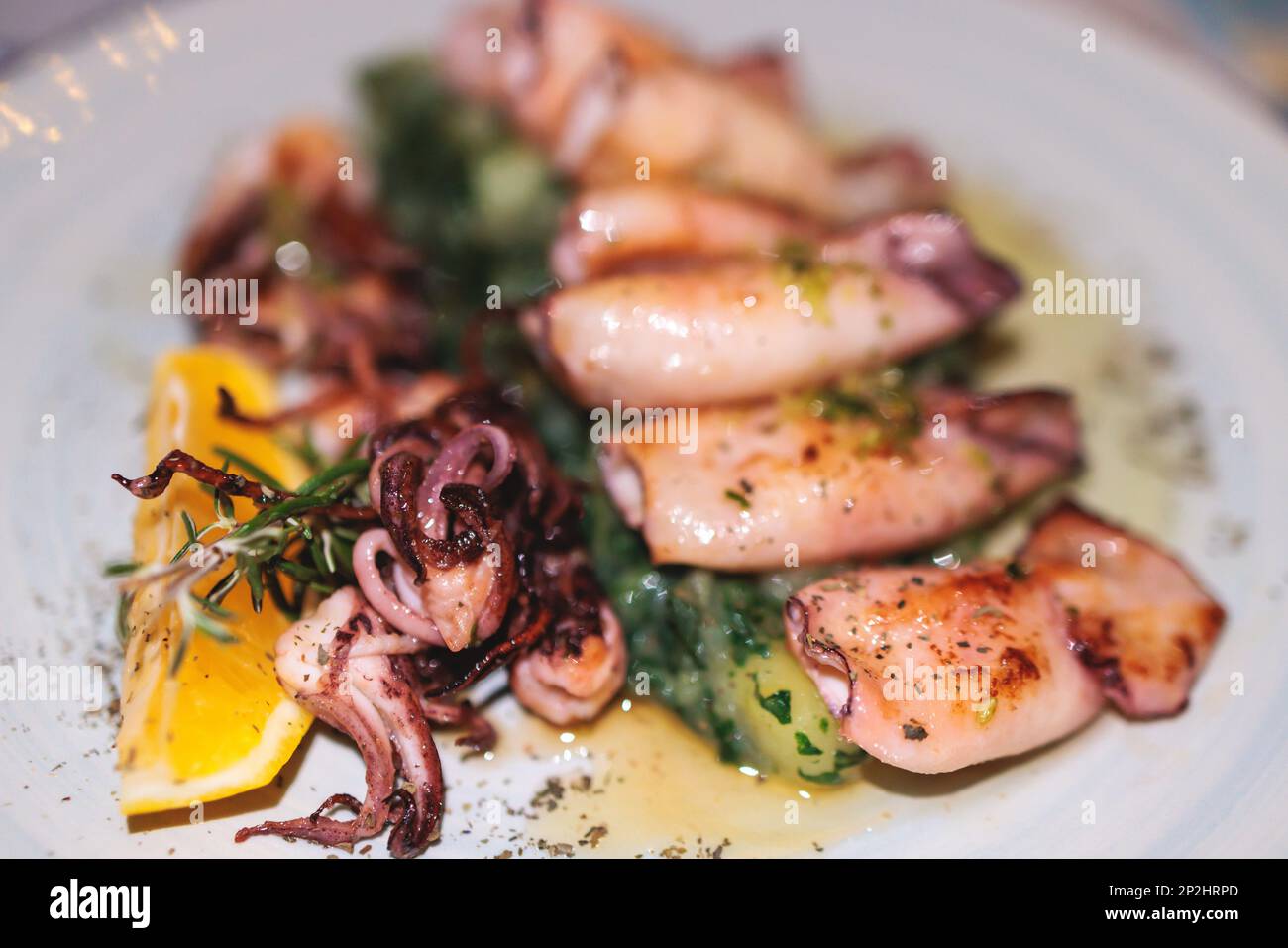 Fried grilled baby squids on a plate with garlic, lemon and mashed ...