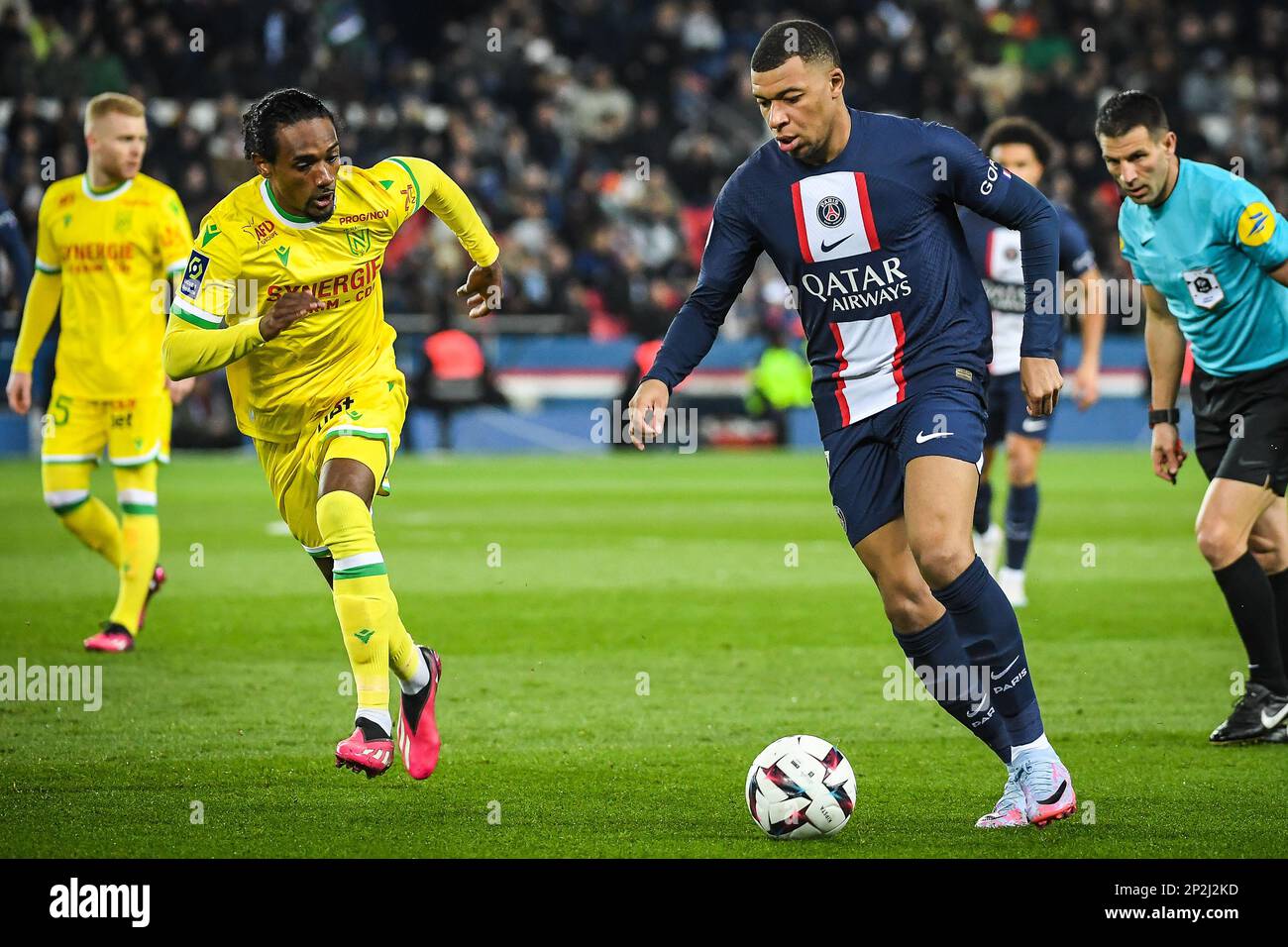 Samuel MOUTOUSSAMY of Nantes and Kylian MBAPPE of PSG during the French ...