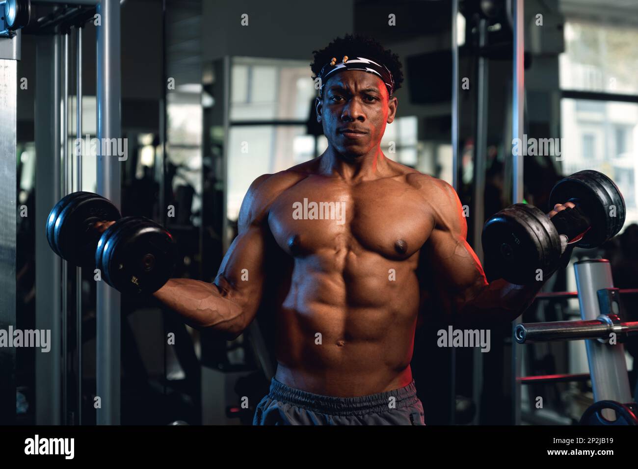 20s Black and muscular man in a gym showing dumbbells and his muscles ...